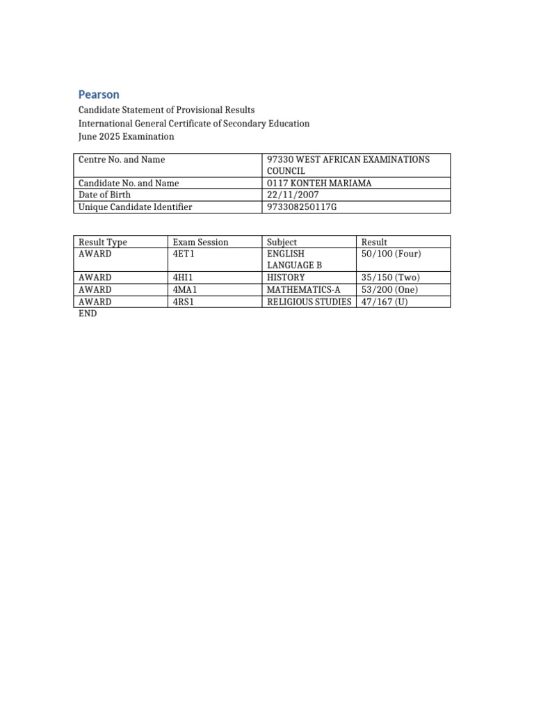 IGCSE Results Table | PDF