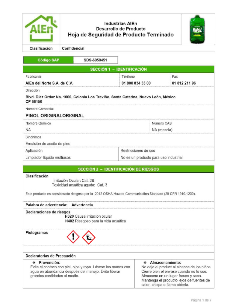 Hoja De Seguridad Pinol Alen Msds Nuevo Pin Pdf