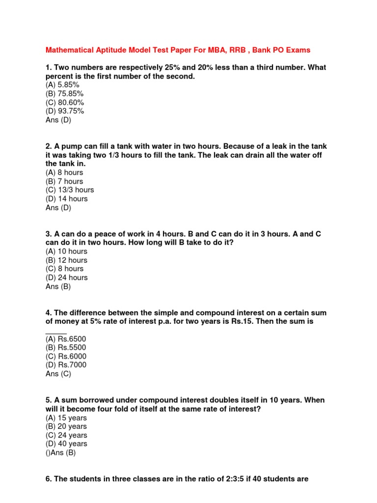 Mathematical Aptitude Model Test Paper For MBA | Download Free PDF ...
