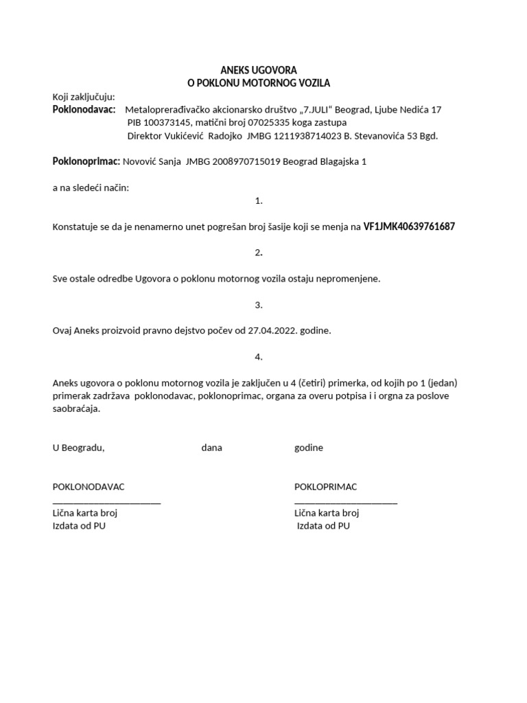 Aneks Ugovora o Poklonu Motornog Vozila | PDF