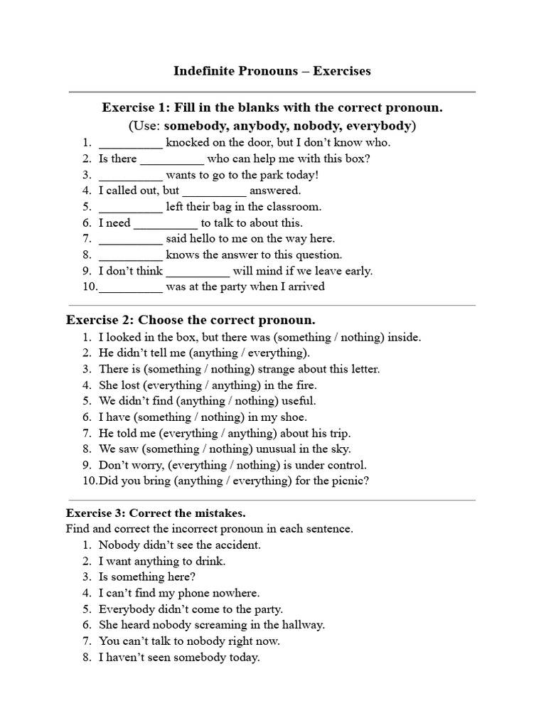 Indefinite Pronouns Exercises Guide | PDF