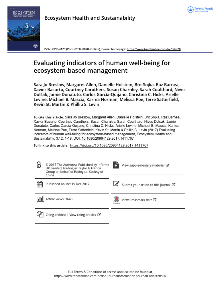 Evaluating Indicators of Human Well Being For Ecosystem Based ...