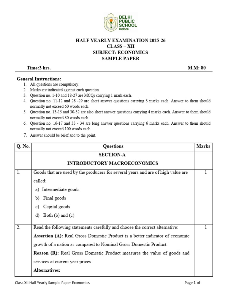 Class 12 Economics Sample Paper 2025-26 | PDF | Taxes | Income
