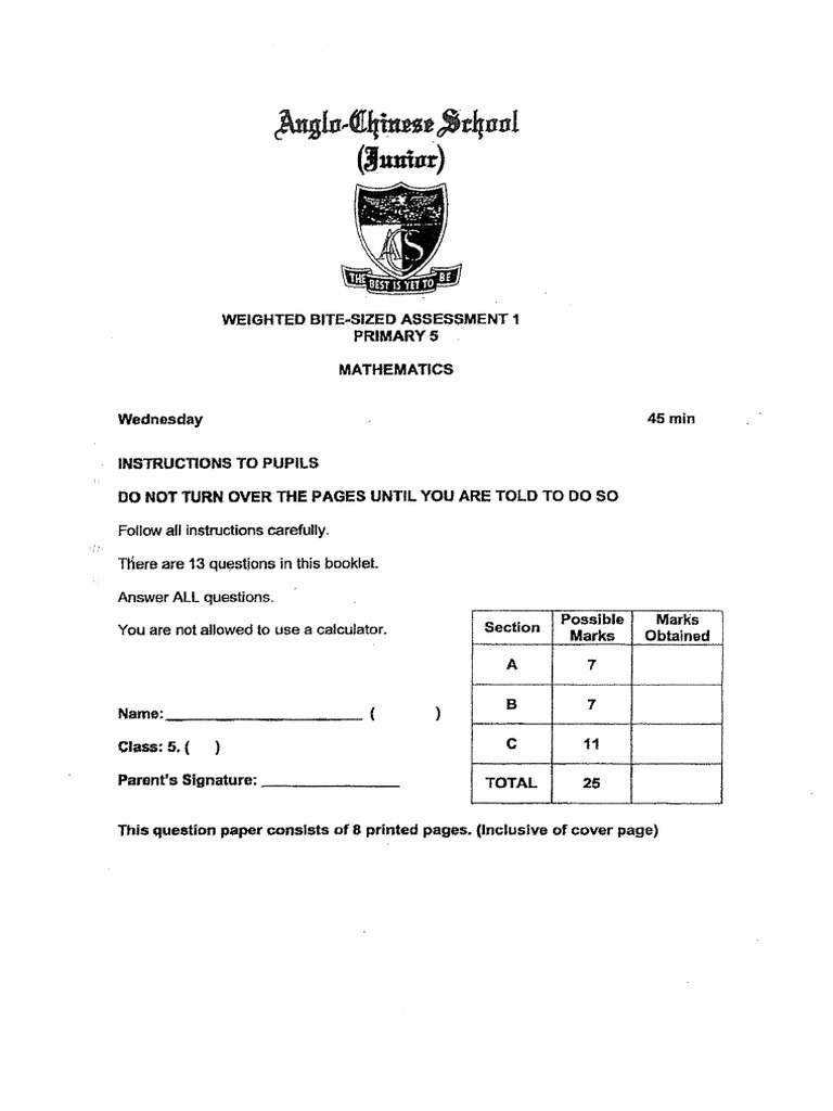 2024 P5 Maths Bite Sized Assessment 1 ACS (J) | PDF