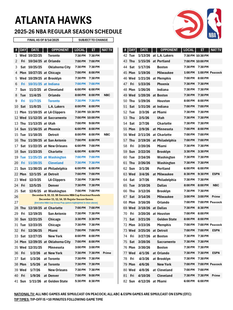 2025 26 NBA Regular Season Schedule by Team 8 14 25 - 1 | PDF ...