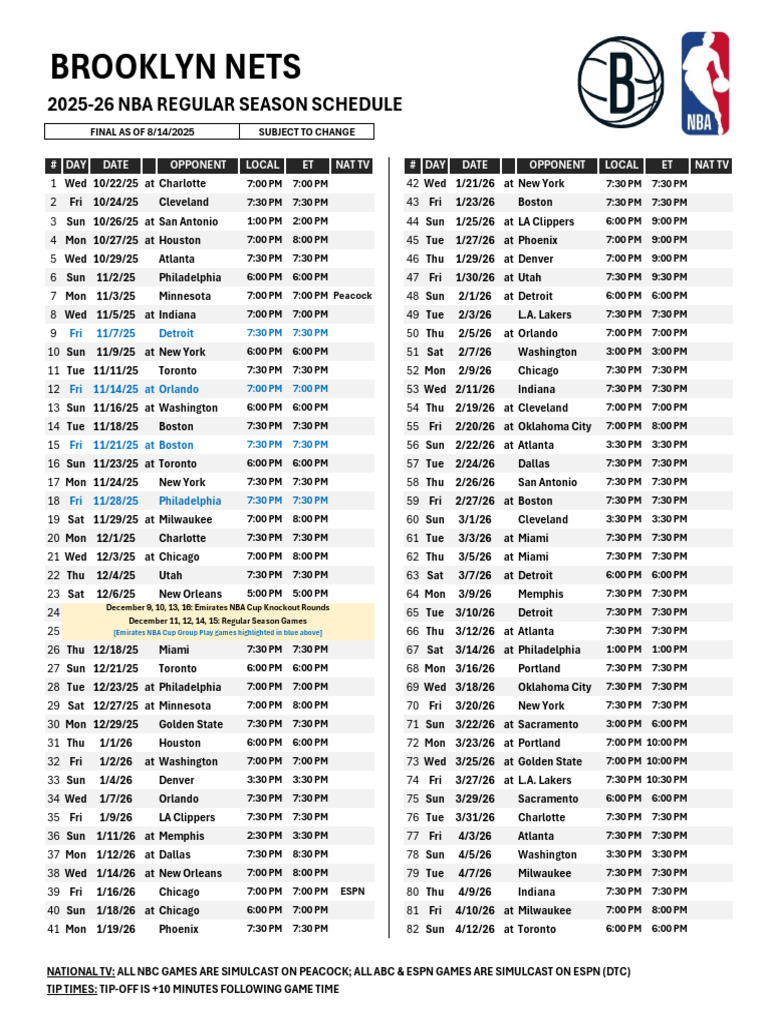 2025 26 NBA Regular Season Schedule by Team 8 14 25 - 3 | PDF ...