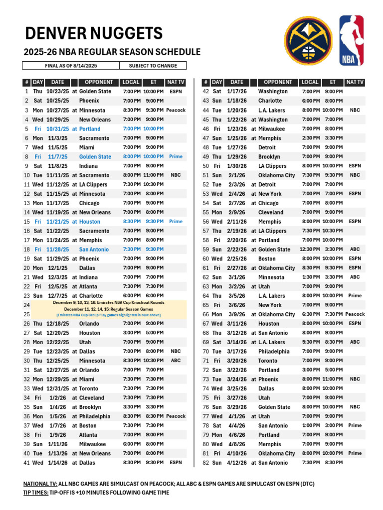 Denver Nuggets 2025-26 Schedule | PDF | Los Angeles Lakers | National ...