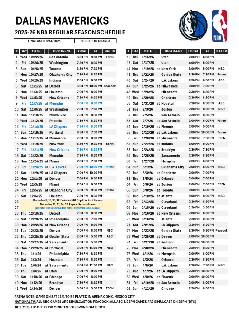 Dallas Mavericks 2025-26 Schedule | PDF | Los Angeles Lakers | National ...