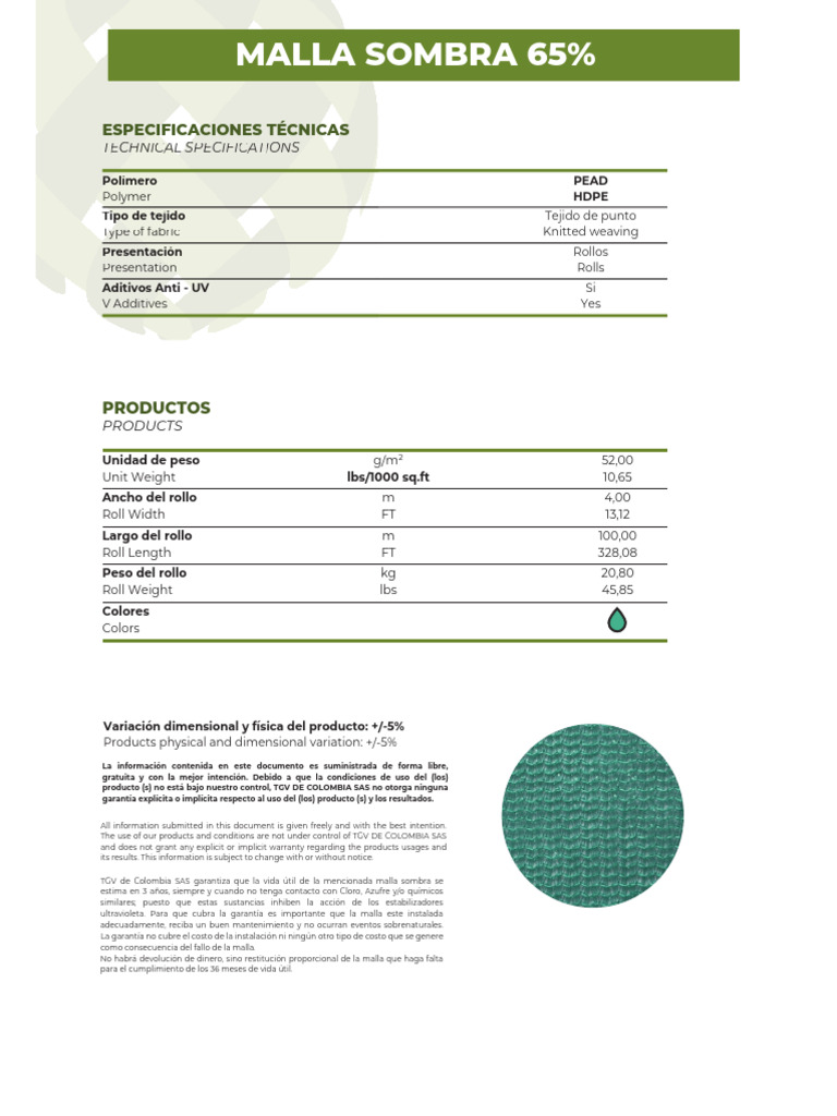 Especificaciones Malla Sombra 65% HDPE | PDF | Sustancias químicas