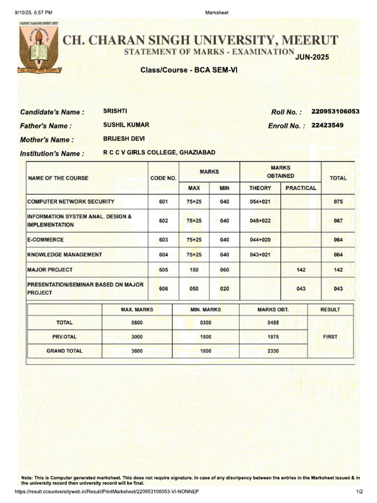 Sristi 6 Sem Marksheet PDF | PDF