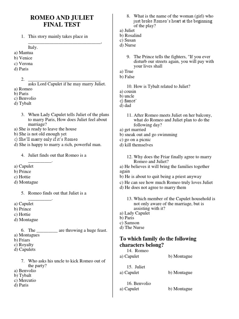 Romeo and Juliet Final Test | PDF | Characters In Romeo And Juliet ...