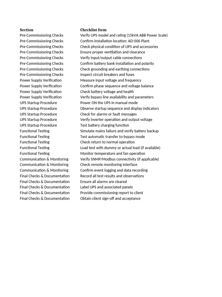 UPS Commissioning Checklist Guide | PDF | Power Supply | Electrical ...
