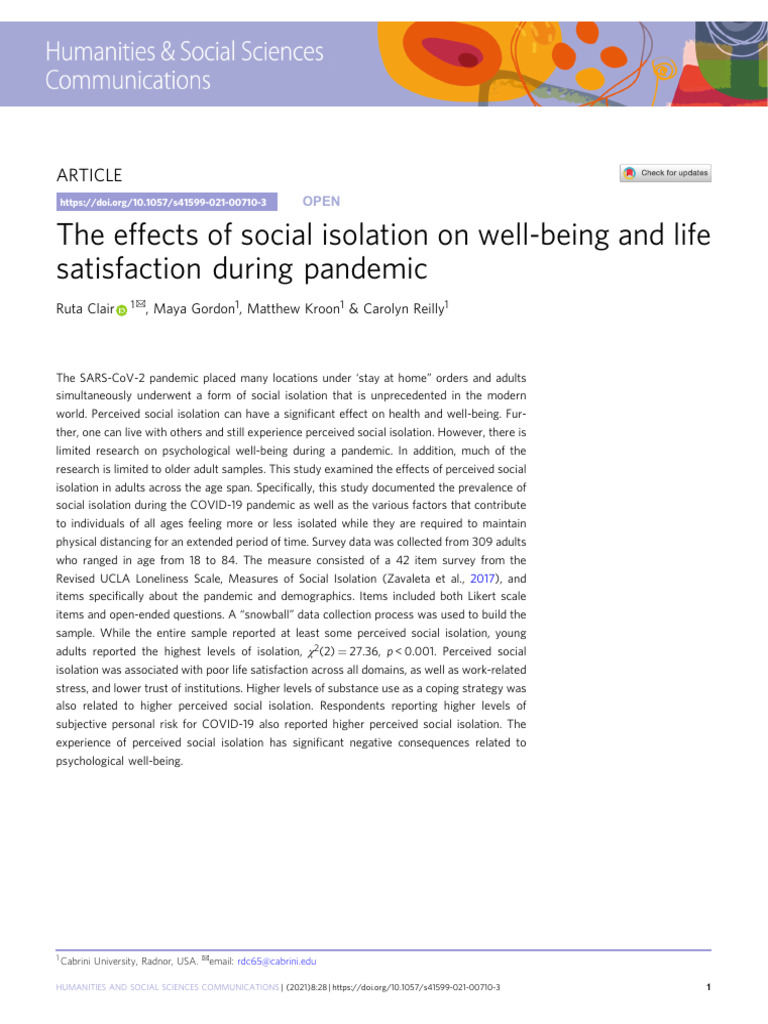 The Effects of Social Isolation On Well-Being and Life Satisfaction ...