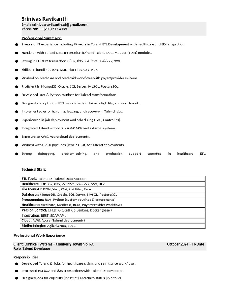 Srinivasa Ravikanth - Talend Developer | PDF | Electronic Data ...