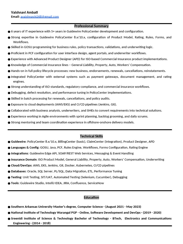 Vaishnavi_Guidewire Policy Center Developer | PDF | Software Development | Information ...