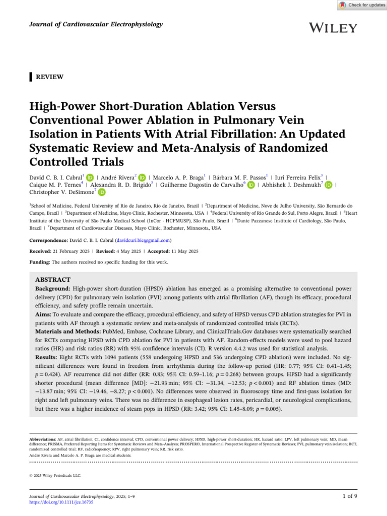 Cardiovasc Electrophysiol - 2025 - Cabral - High Power Short Duration ...