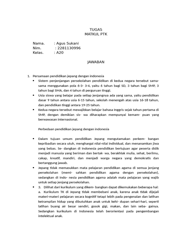 Tugas Matkul PTK Nama.: Agus Sukani Nim.: 2281130996 Kelas.: A20 Jawaban | PDF