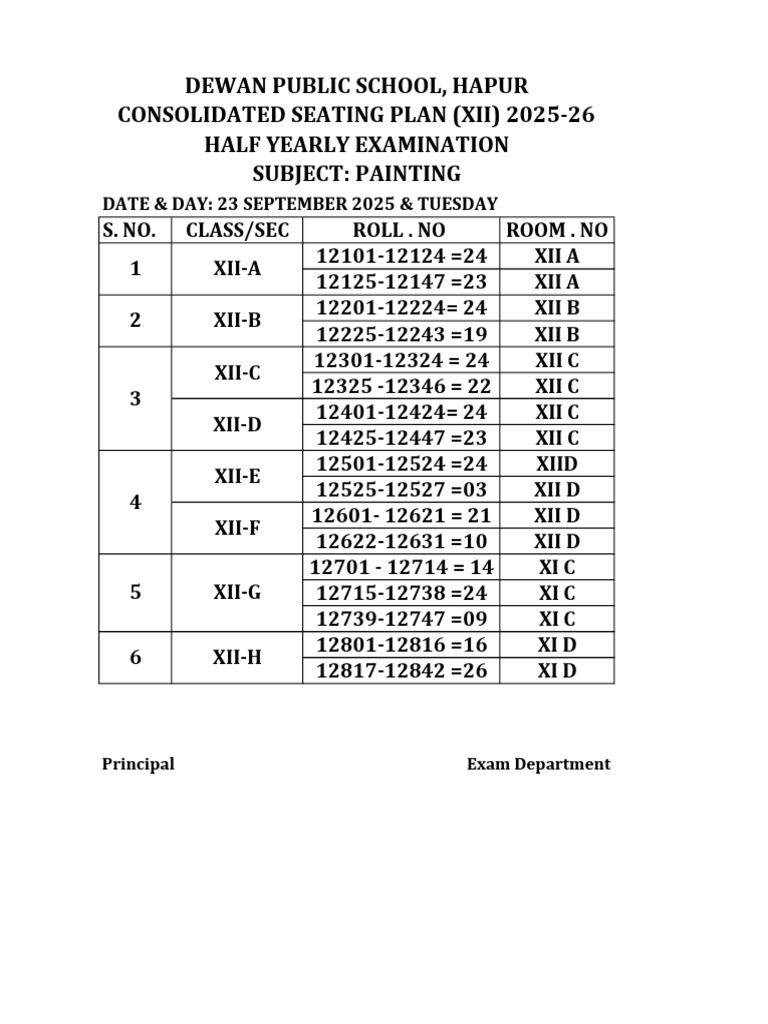 Consolidated Seating Plan XII 2025-26 | PDF