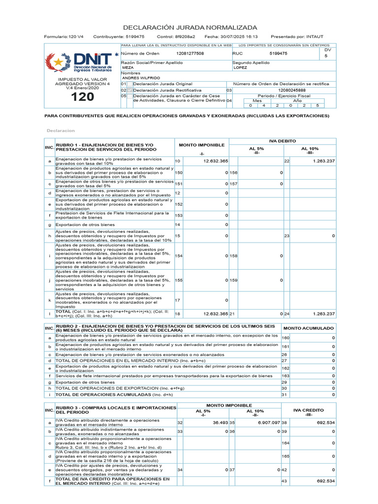 Declaración Jurada IVA Formulario 120 V4 | PDF | Impuesto al valor ...