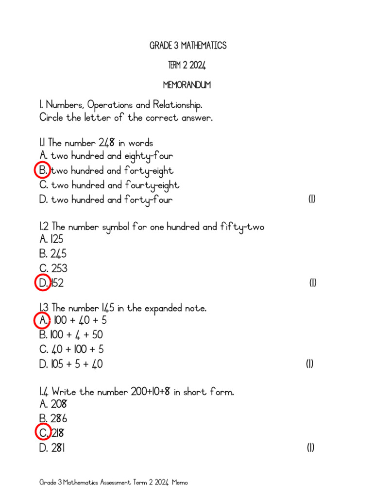 Grade 3 Mathematics Assessment Term 2 2024 Memo | PDF