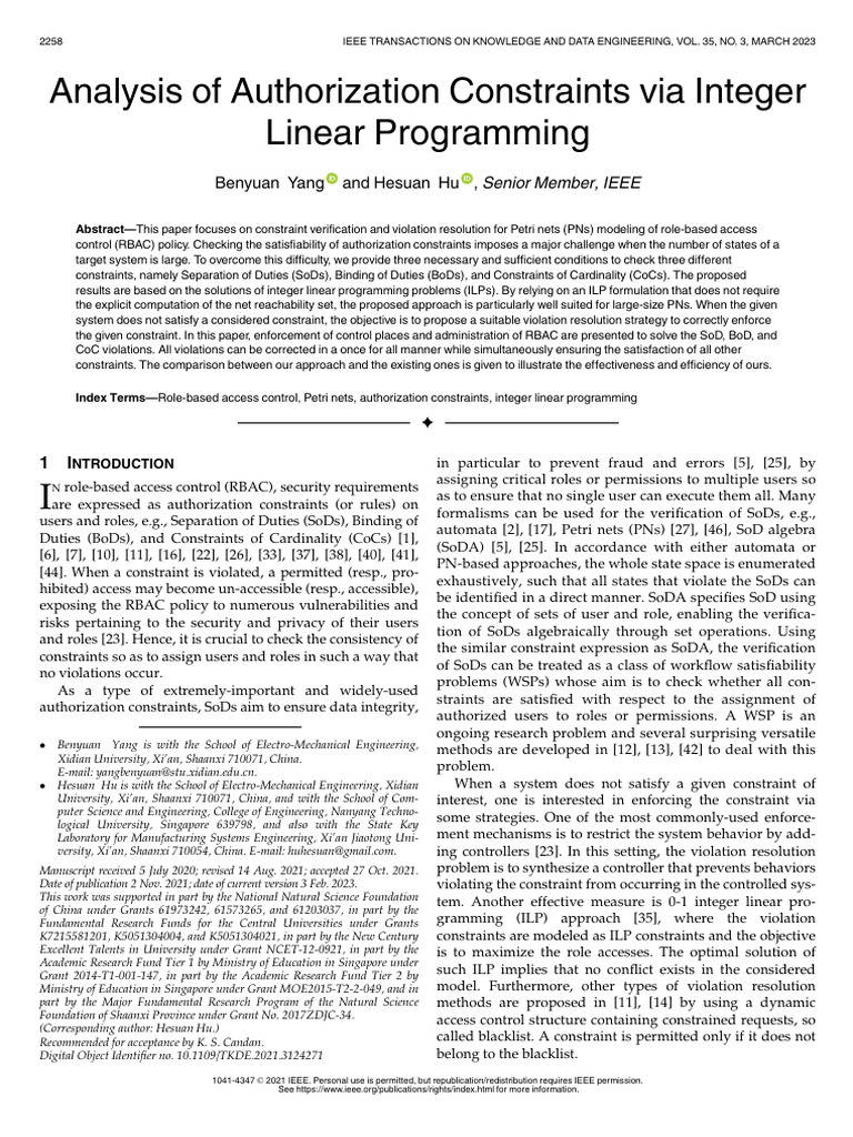 Analysis of Authorization Constraints Via Integer Linear Programming | PDF