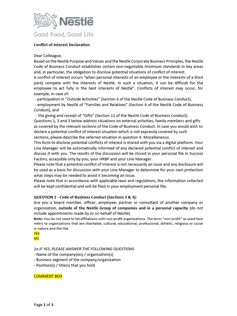 Nestlé Conflict of Interest Form | PDF | Conflict Of Interest | Gift