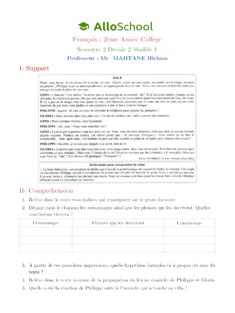 Francais 2ac Semestre 2 Devoir 2 Modele 1 1 | PDF