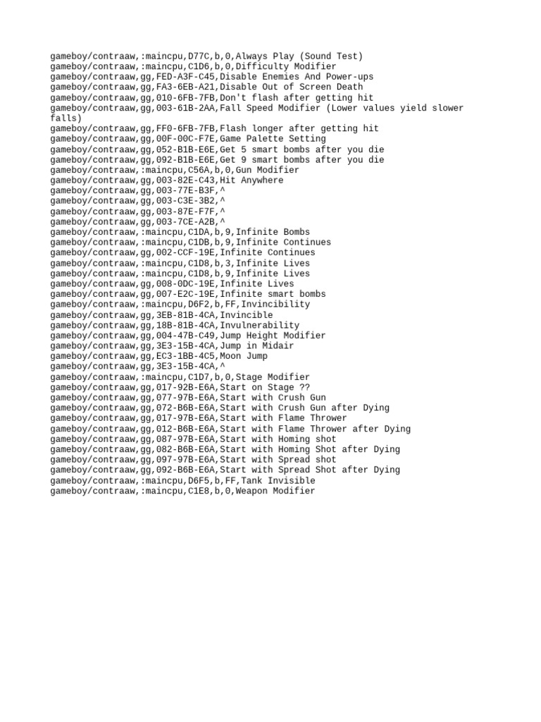 Gameboy Contra Cheats and Modifiers | PDF