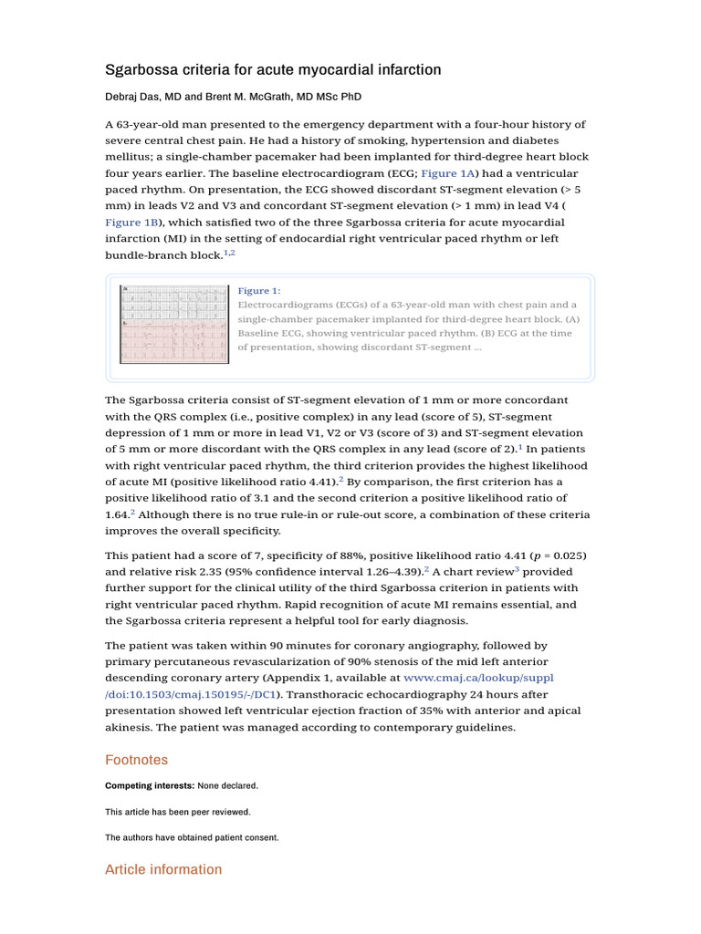 Sgarbossa Criteria for Acute Myocardial Infarction | PDF ...