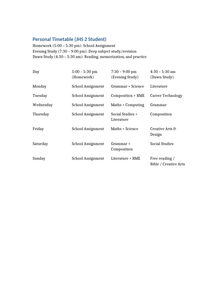 JHS 2 Student Personal Timetable | PDF
