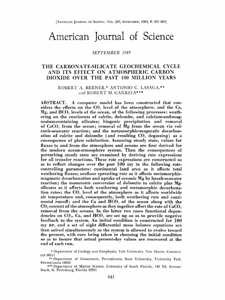 Berner Et Al., 1983. The Carbonate Silicate Geochemical Cycle and Its ...