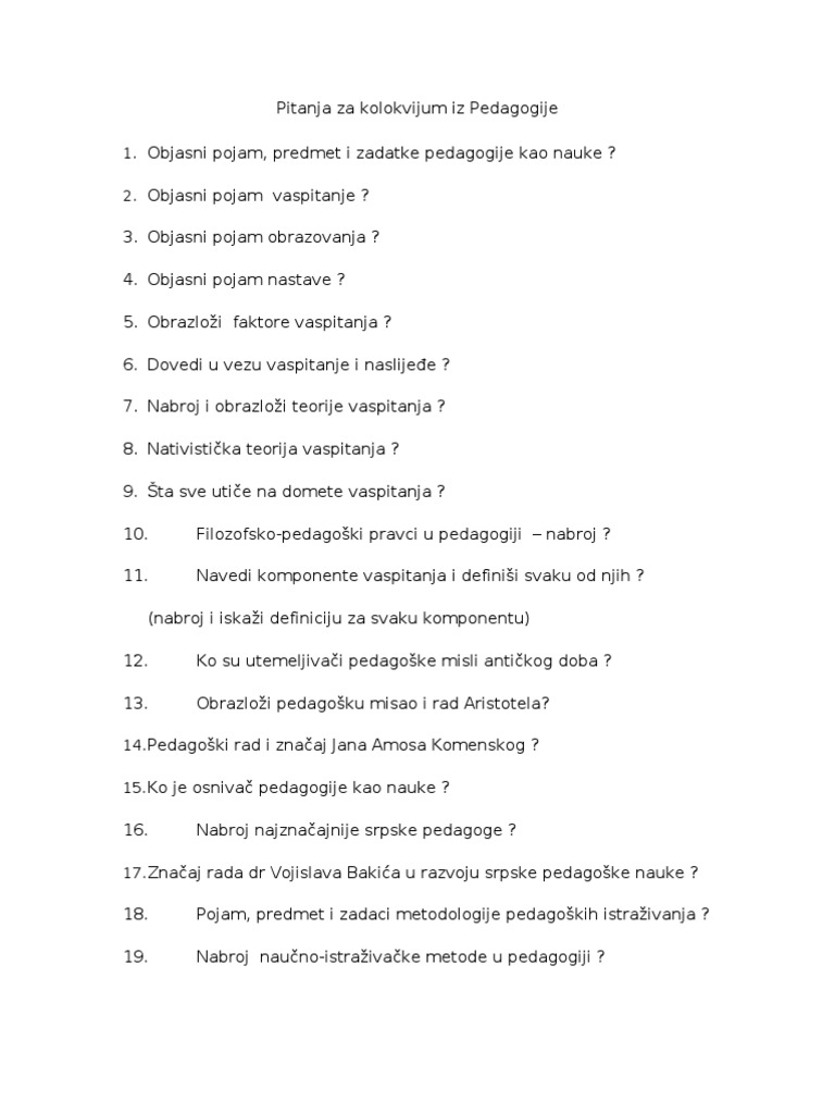 Pitanja Za Kolokvijum Iz Pedagogije | PDF