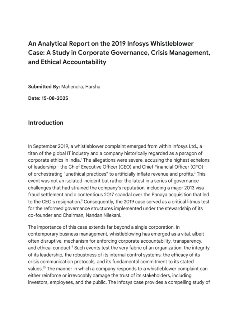 2019 Infosys Whistleblower Case Analysis | PDF | Governance | Corporate ...