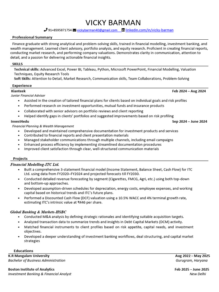 Vickybarman Finace - Analyst CV PDF | PDF | Valuation (Finance ...