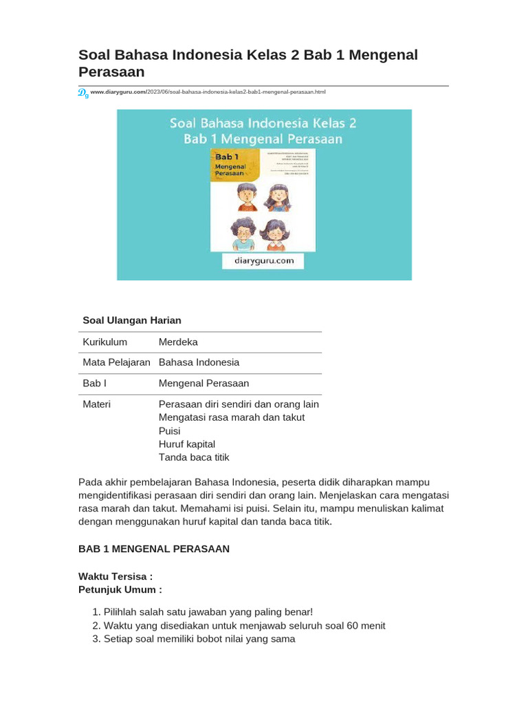 Soal Bahasa Indonesia Kelas 2 Bab 1 Mengenal Perasaan | PDF