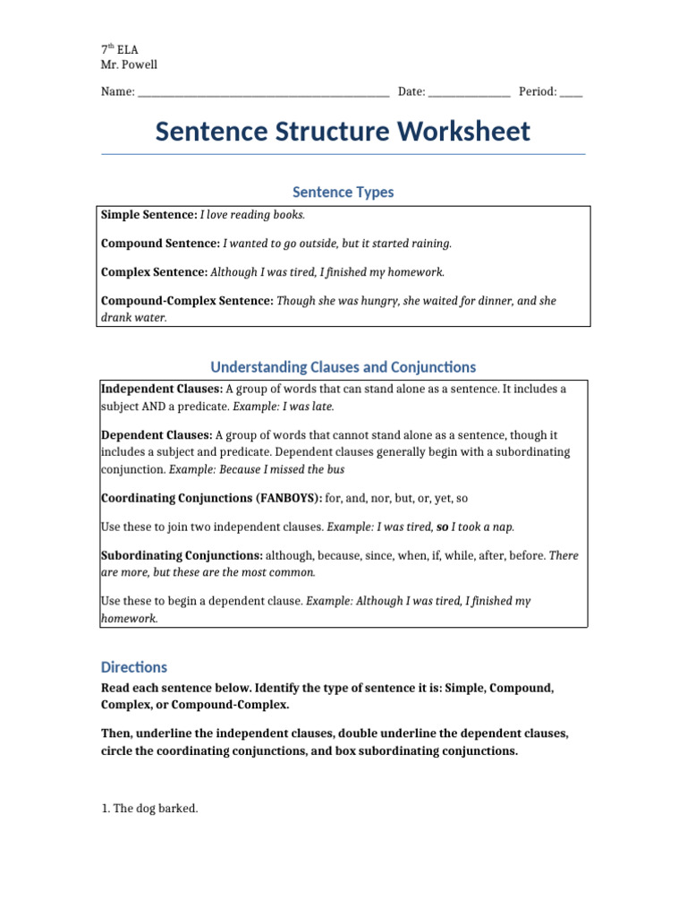 Sentence Structure Worksheet for 7th ELA | PDF | Clause | Semantics