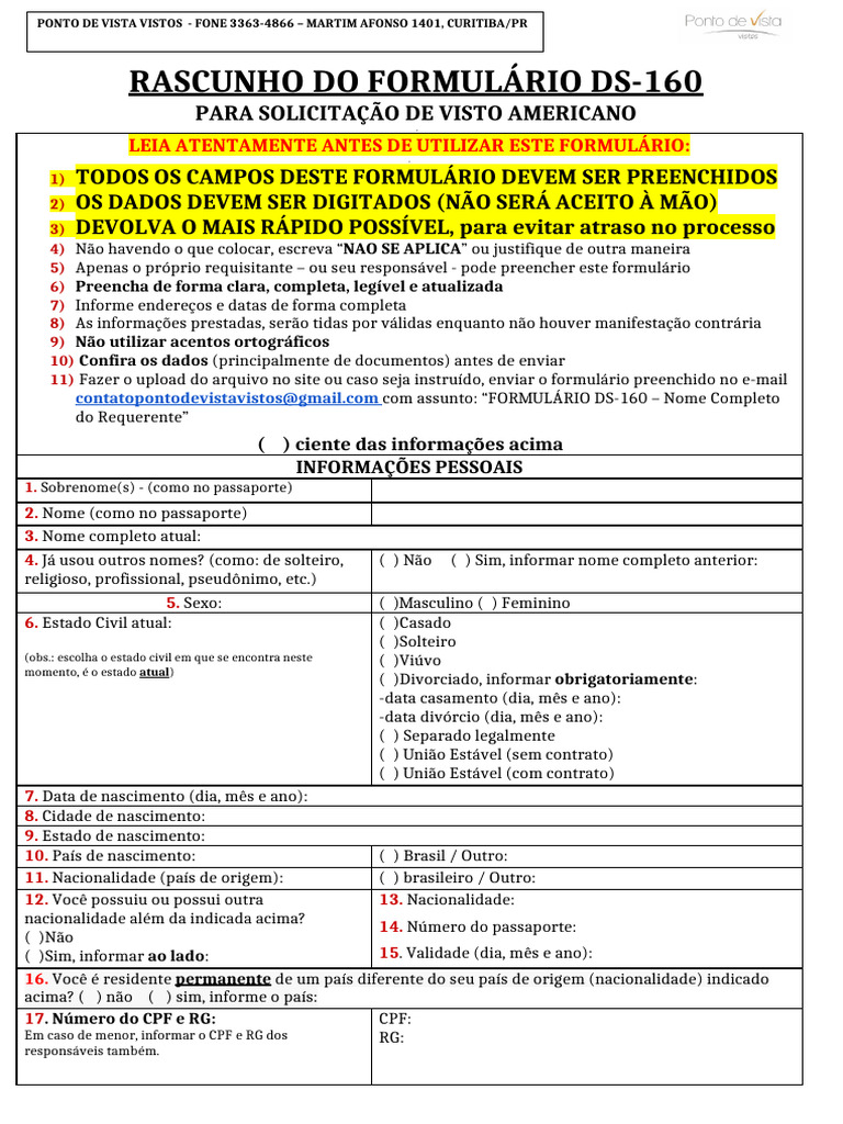 Rascunho do Formulário DS-160 | PDF | Visto para viagem | Parentesco