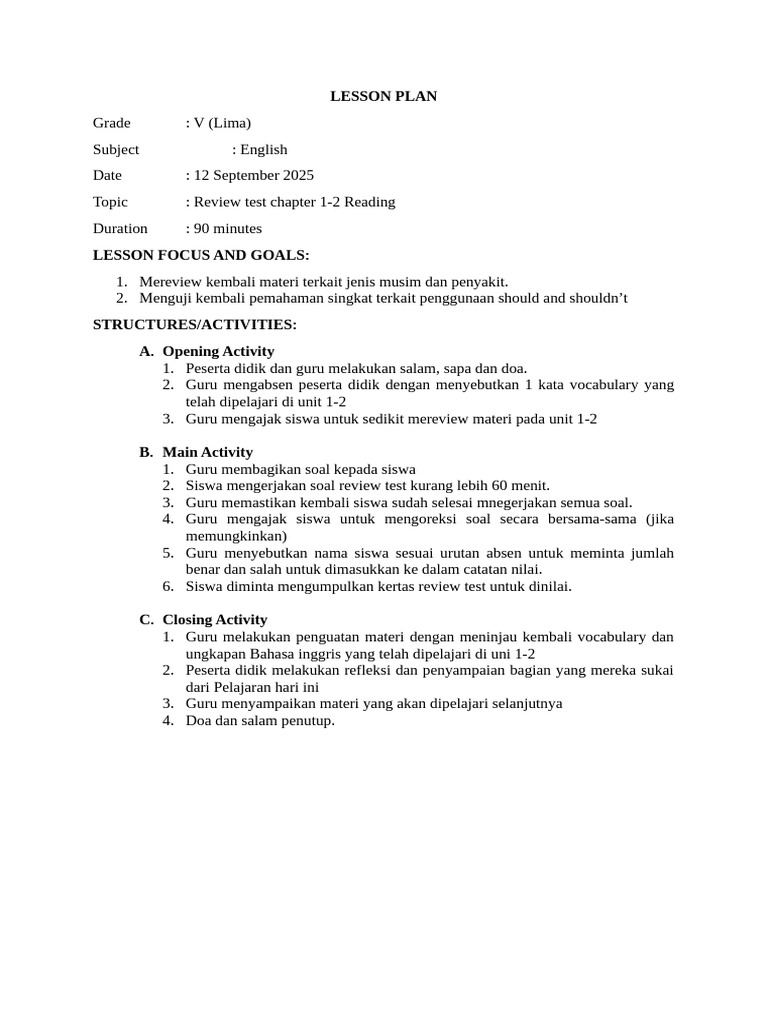 Lesson Plan Revie Test Unit 2 Level 5 | PDF