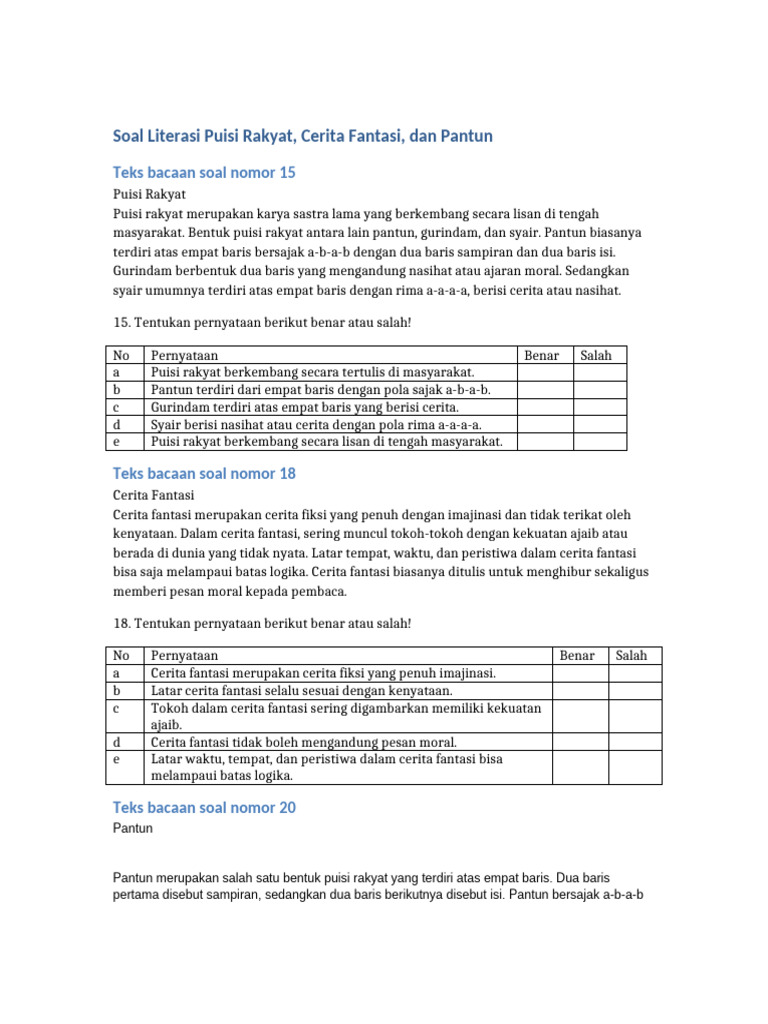 Soal Literasi Puisi Fantasi Pantun | PDF