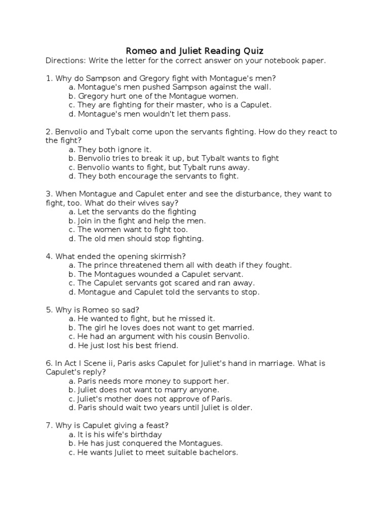 Romeo and Juliet Reading Quiz | Characters In Romeo And Juliet | Romeo ...