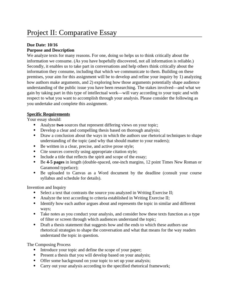 Fall 2025 ENGL 1101 Project II Comparative Essay Rubric and ...