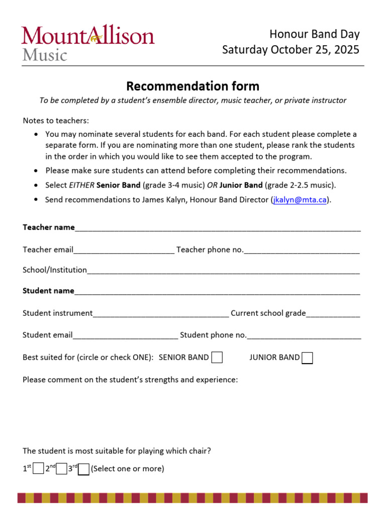 Honour Band Student Recommendation Form | PDF