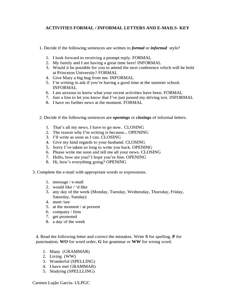 Activities Formal Informal Letters and e Mails Keys Carmen Lujan Ingles ...