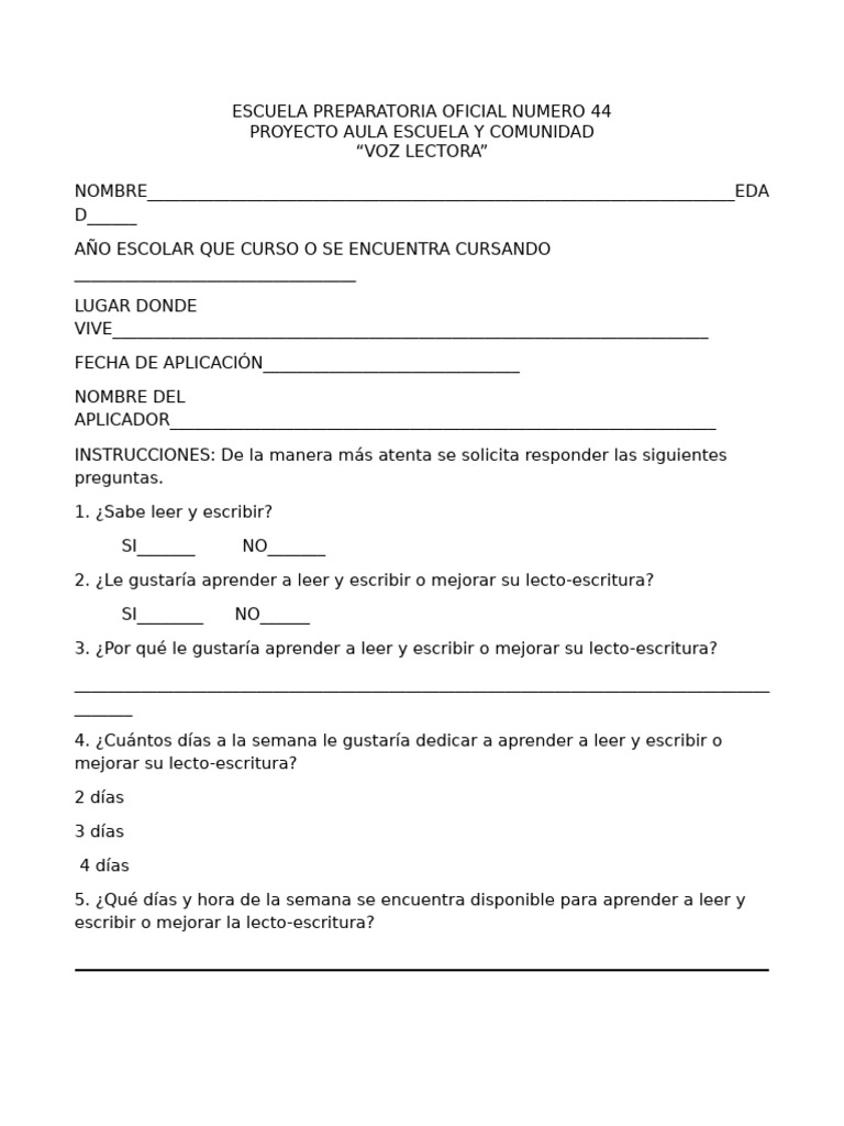 Encuesta sobre Lectura y Escritura | PDF