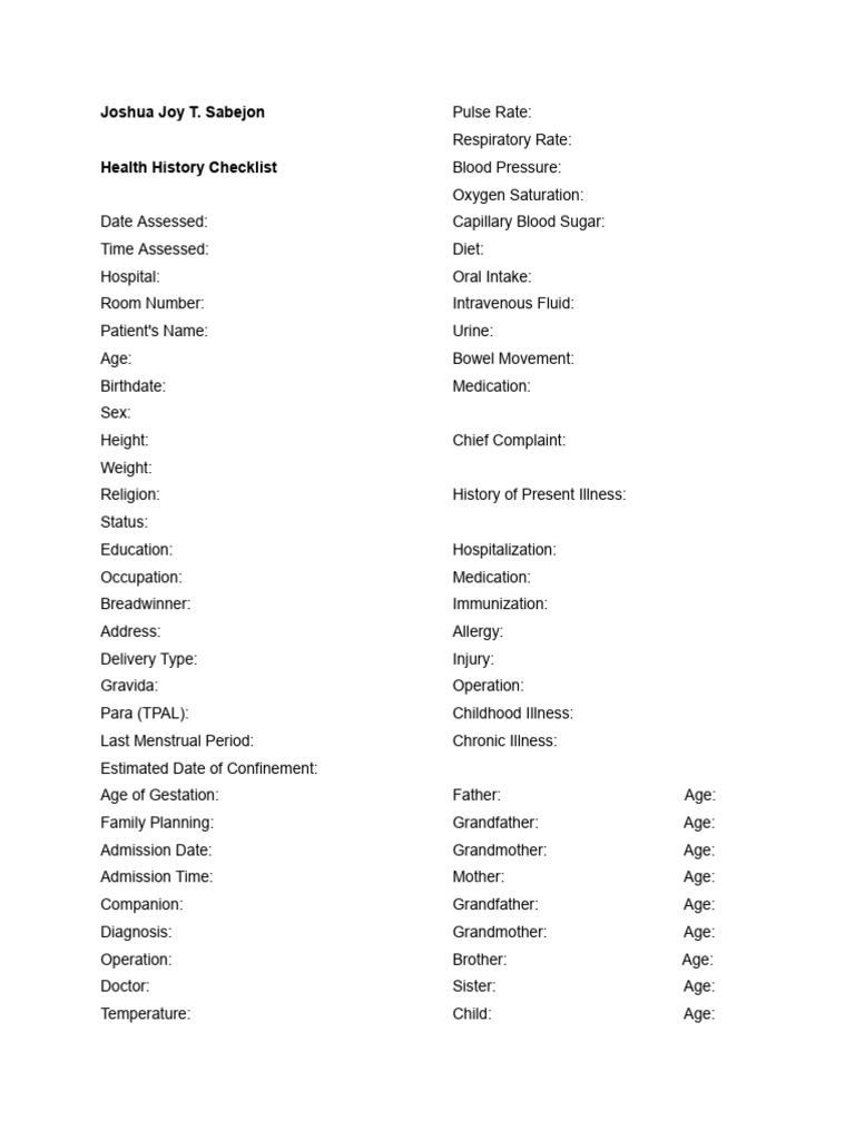 Health History Checklist Template | PDF