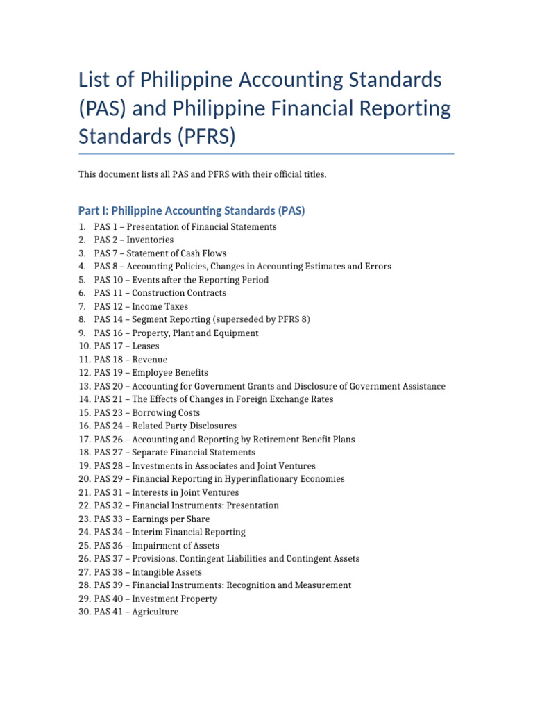 Philippine Accounting Standards List | PDF