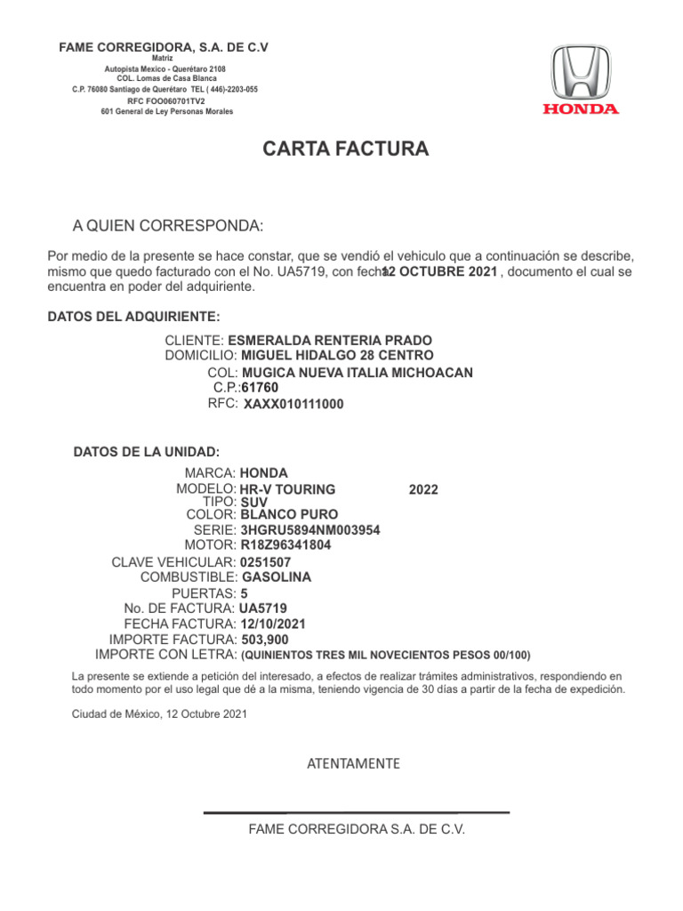 Carta Factura HRV ULTIMA | PDF