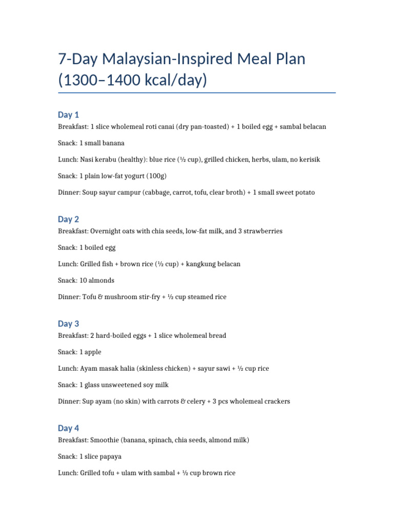 Malaysian 7-Day Weight Loss Meal Plan | PDF