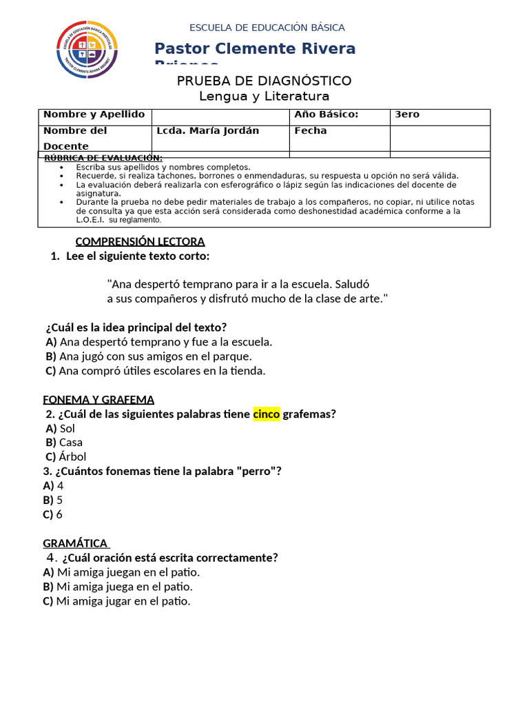 Prueba Diagnóstica Lengua 3ero Básico | PDF | Comunicación humana ...