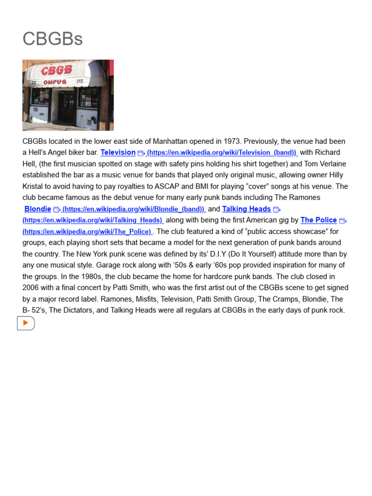 CBGBs - MUS139-20943 (ONL) History of Rock Music | PDF